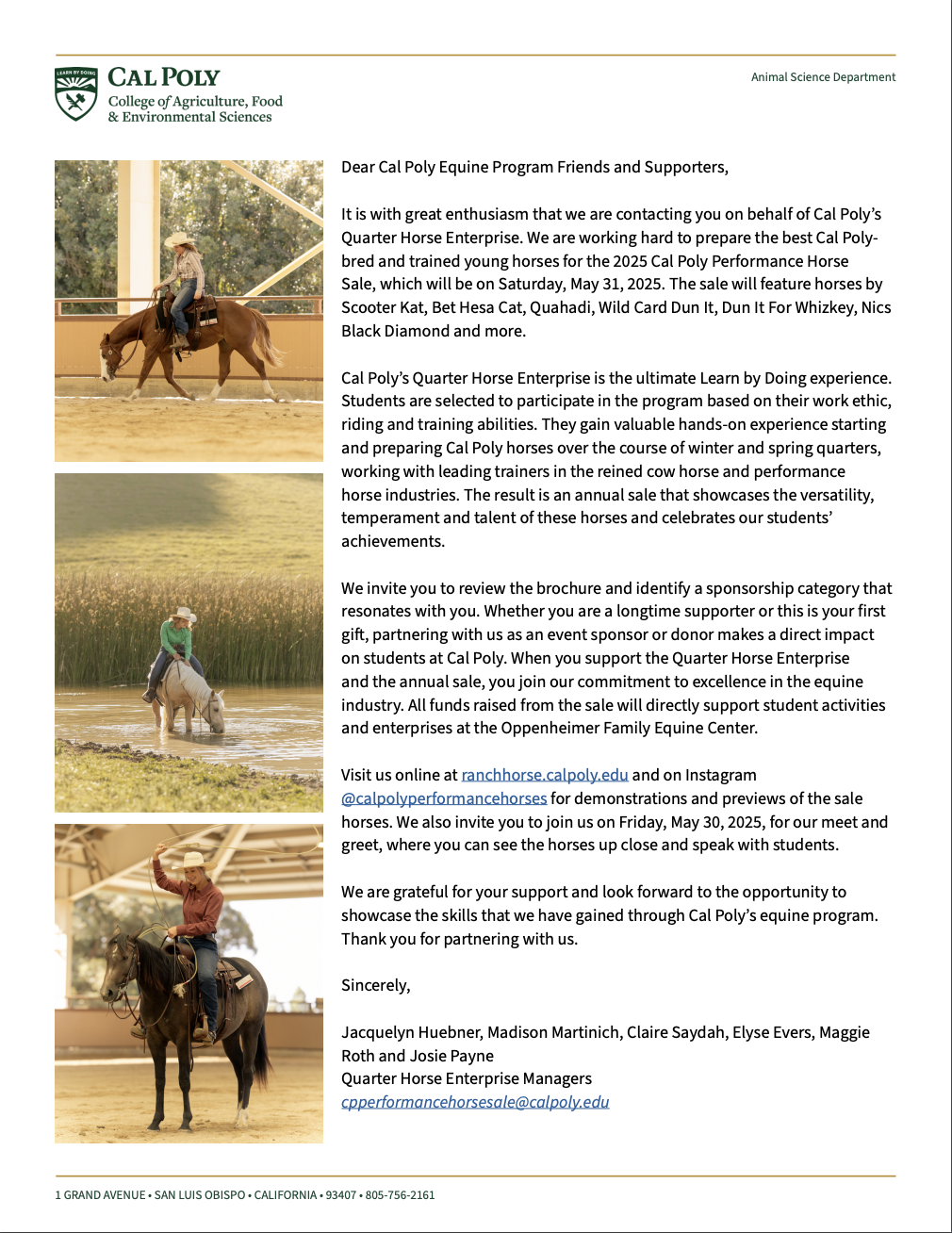 Sponsorship Opportunities - Performance Horse Sales - Cal Poly, San Luis Obispo